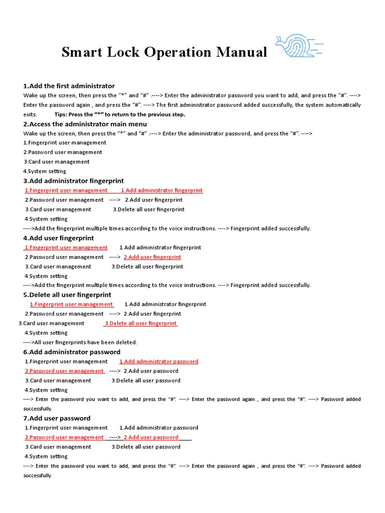 Smart Lock Operation Manual: 1.add The First Administrator | PDF ...
