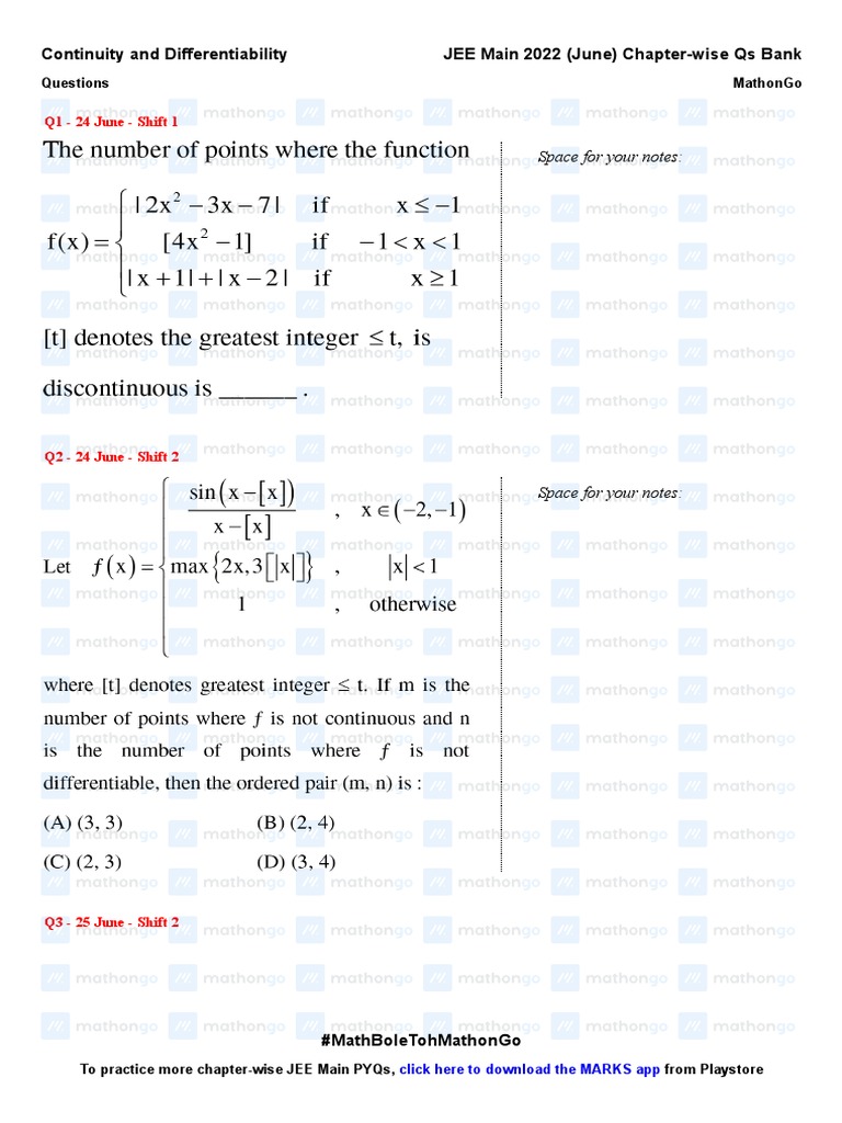 Continuity and Differentiability - JEE Main 2022 Chapter Wise Questions by MathonGo | PDF