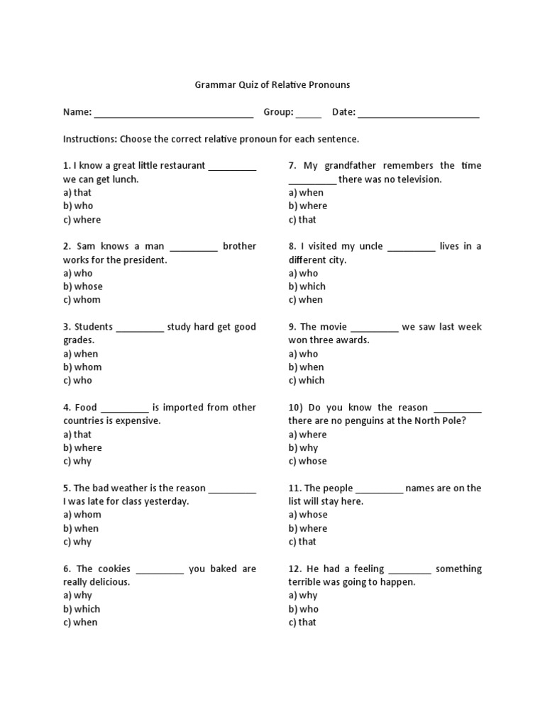 Relative Pronouns Worksheet | PDF | Linguistics