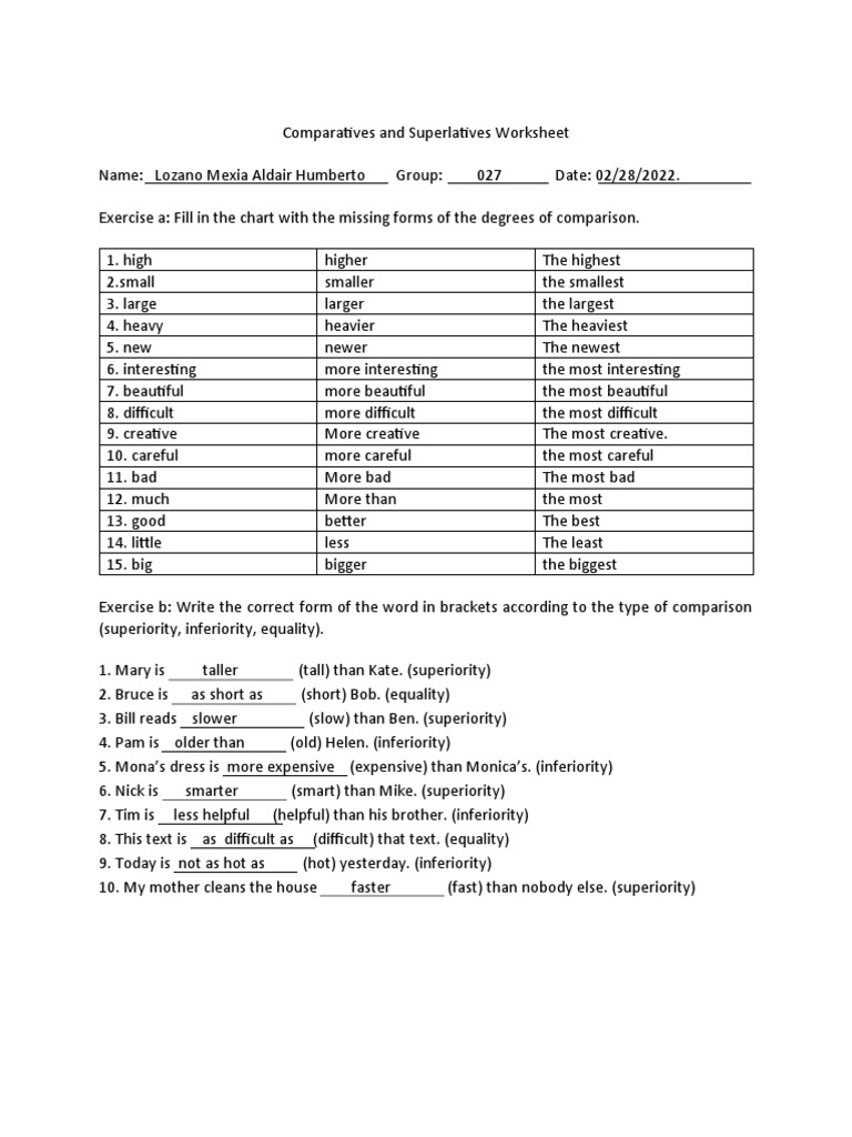 Comparatives and Superlatives Worksheet | PDF | Lexical Semantics | Semantics