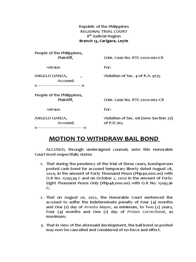 Motion To Release Bail Bond - Lianza | PDF | Crimes | Crime & Violence