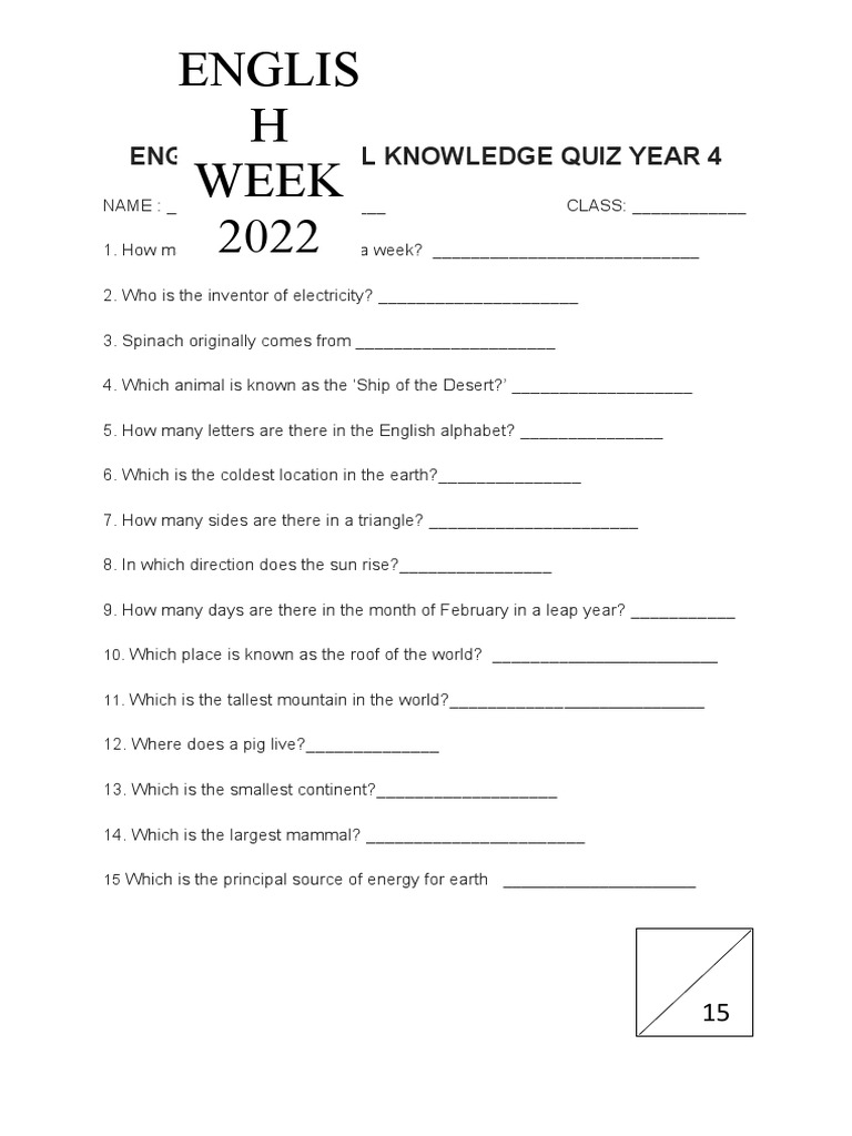 Year 4 General Knowledge Quiz | PDF | Earth Sciences
