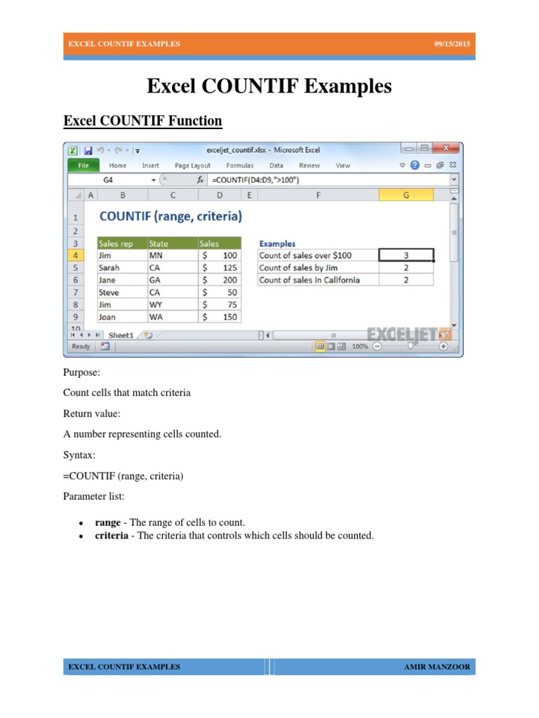 Excel COUNTIF Examples | PDF | Microsoft Excel | Formula