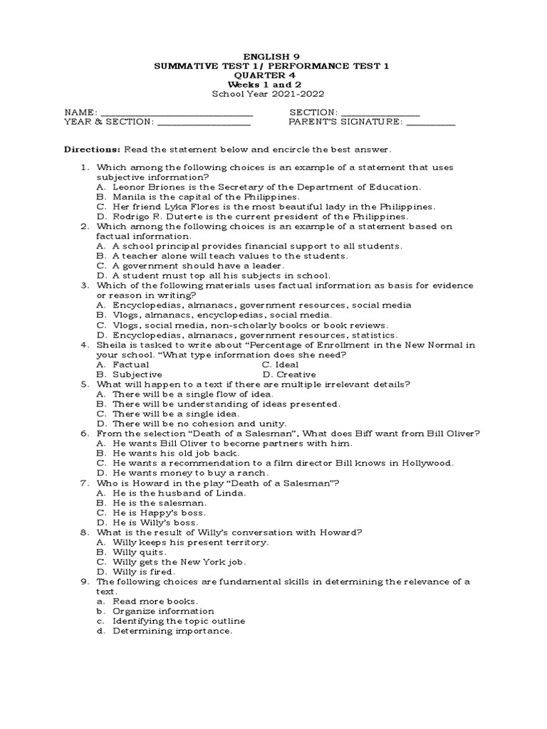 English 9 Summative Performance Test | PDF | Essays | Cognition