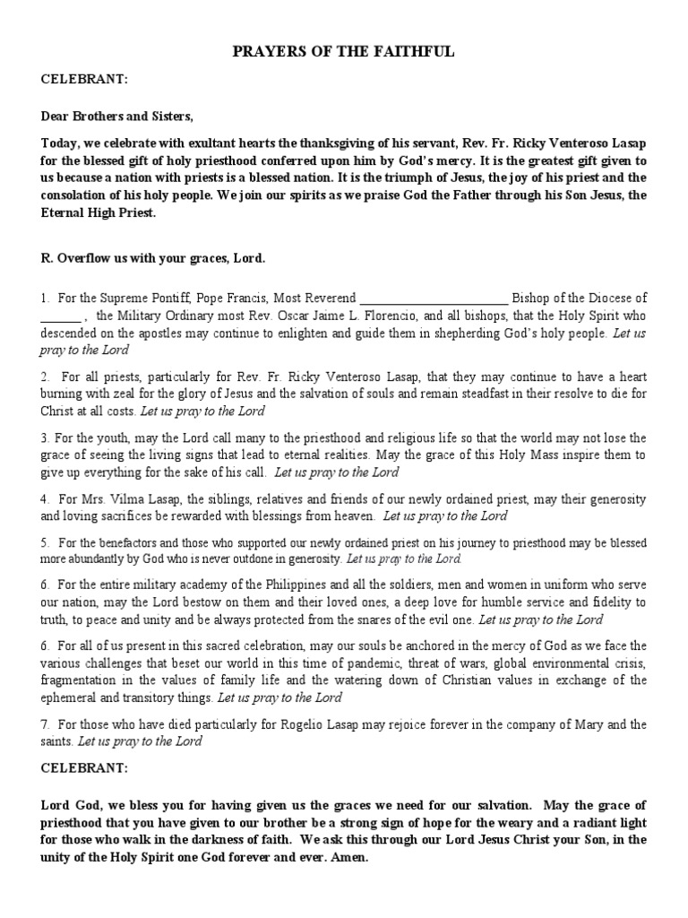Prayers of The Faithful For The Thanksgiving Mass of Rev. Fr. Ricky ...