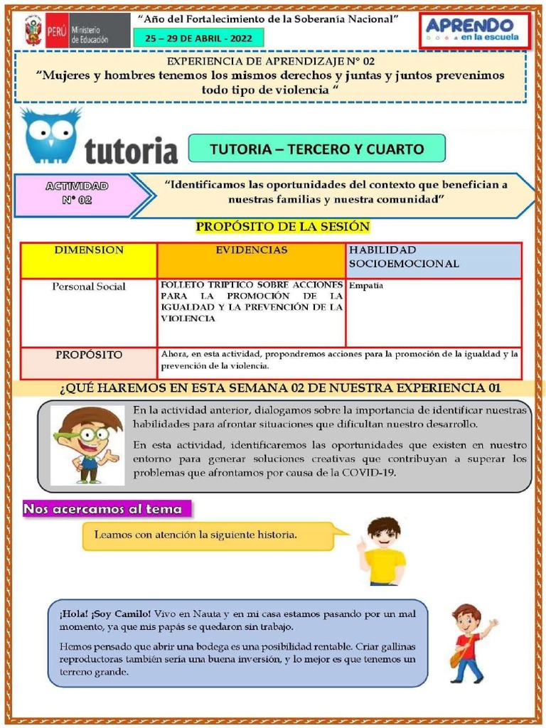 Experiencia de Aprendizaje 02 - Actividad 2 - 3ero y 4to Grado Grado - 2022 - Tutoria-1 | PDF