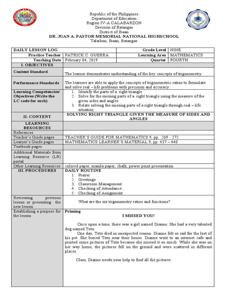 Dll Solving Right Triangles Edit Na Pdf Triangle Elementary Geometry