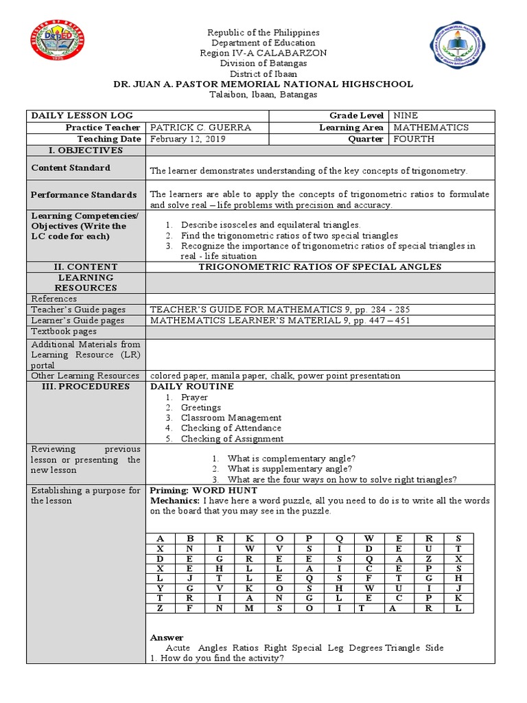 Lesson Plan: Trigonometric Ratios | PDF | Triangle | Elementary Geometry