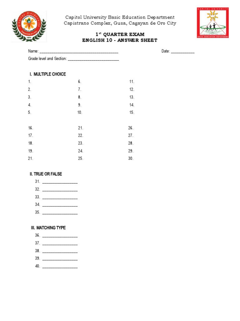 English 10-Answer Sheet (Prelim) | PDF