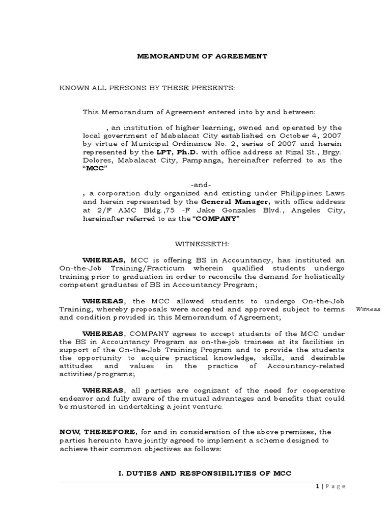 OJT-MOA - Sample | PDF | Confidentiality | Justice