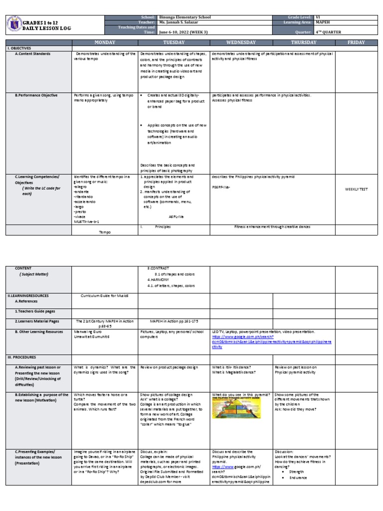 DLL - Mapeh 6 - Q4 - W3 | PDF | Collage | Tempo