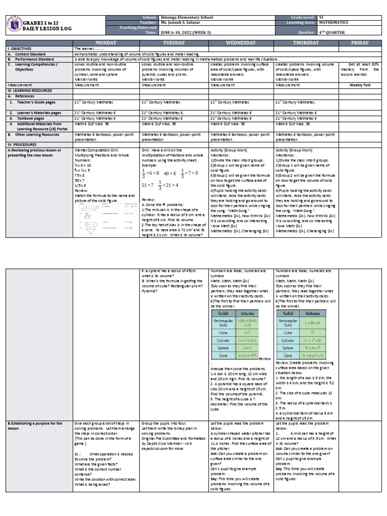 DLL - Mathematics 6 - Q4 - W3 | PDF | Volume | Area