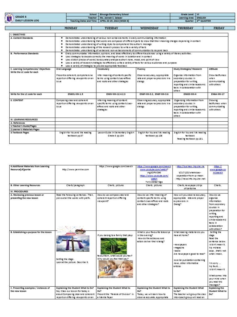 English 6 - Q3 - W8 DLL | PDF | Nonverbal Communication | Learning