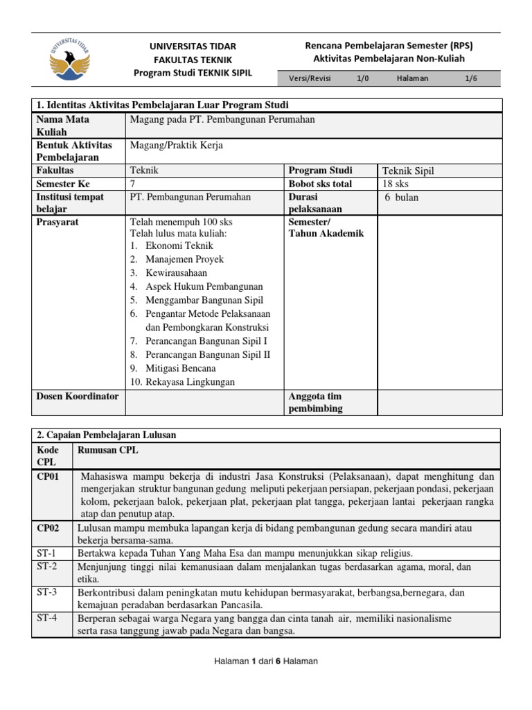 RPS Magang TS PT PP Gedung | PDF