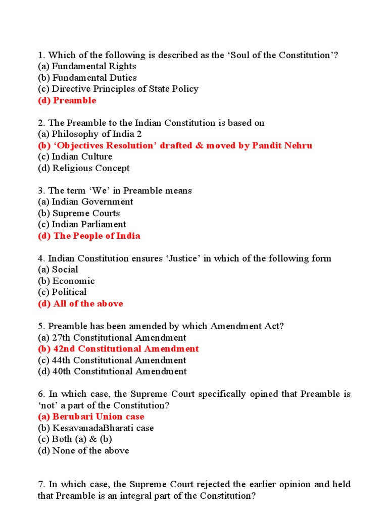 Constitutional Preamble Quiz | PDF | Government Of India | Social ...
