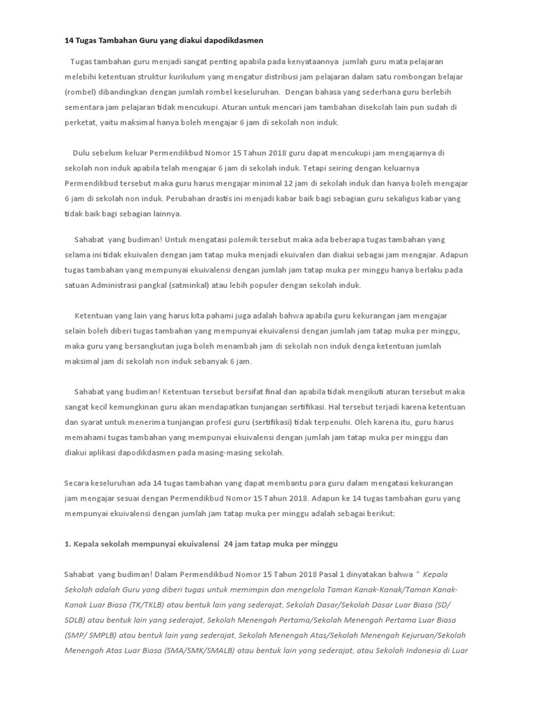 14 Tugas Tambahan Guru Yang Diakui Dapodikdasmen | PDF