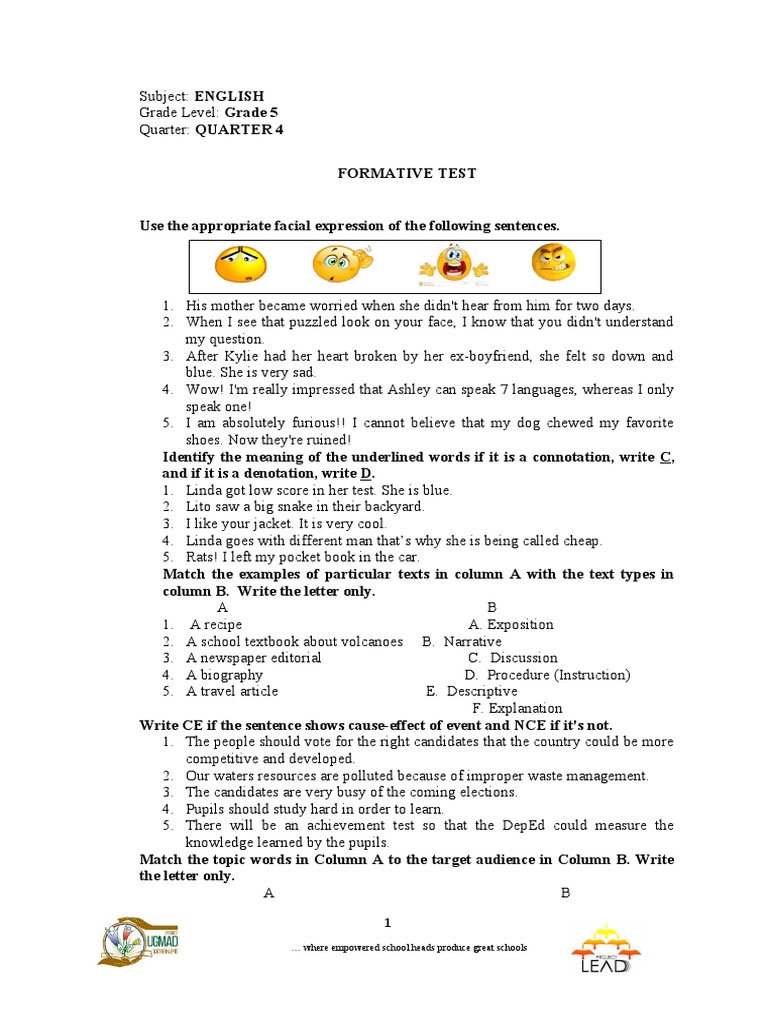 Grade 5 English Formative Assessment | PDF | Flowers | Petal