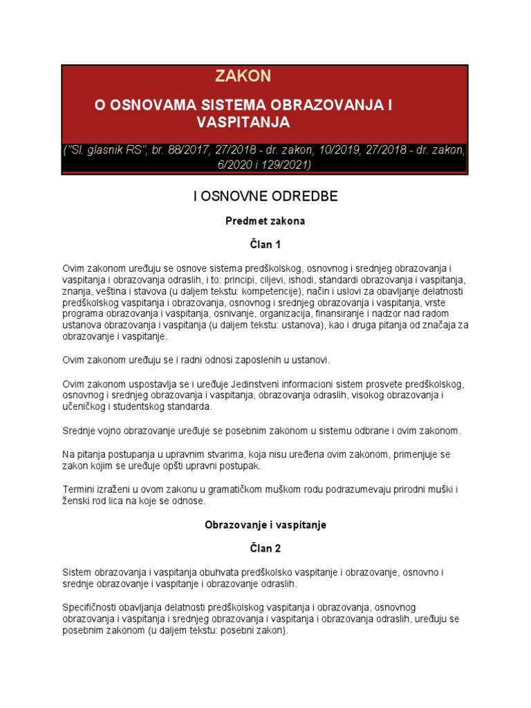 ZAKON o Osnovama Sistema Obrazovaanja | PDF