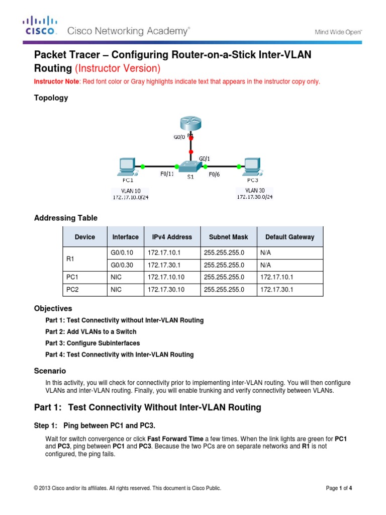 6.3.3.6 Packet Tracer - Configuring Router-on-a-Stick Inter-VLAN Routing Instructions - ILM ...