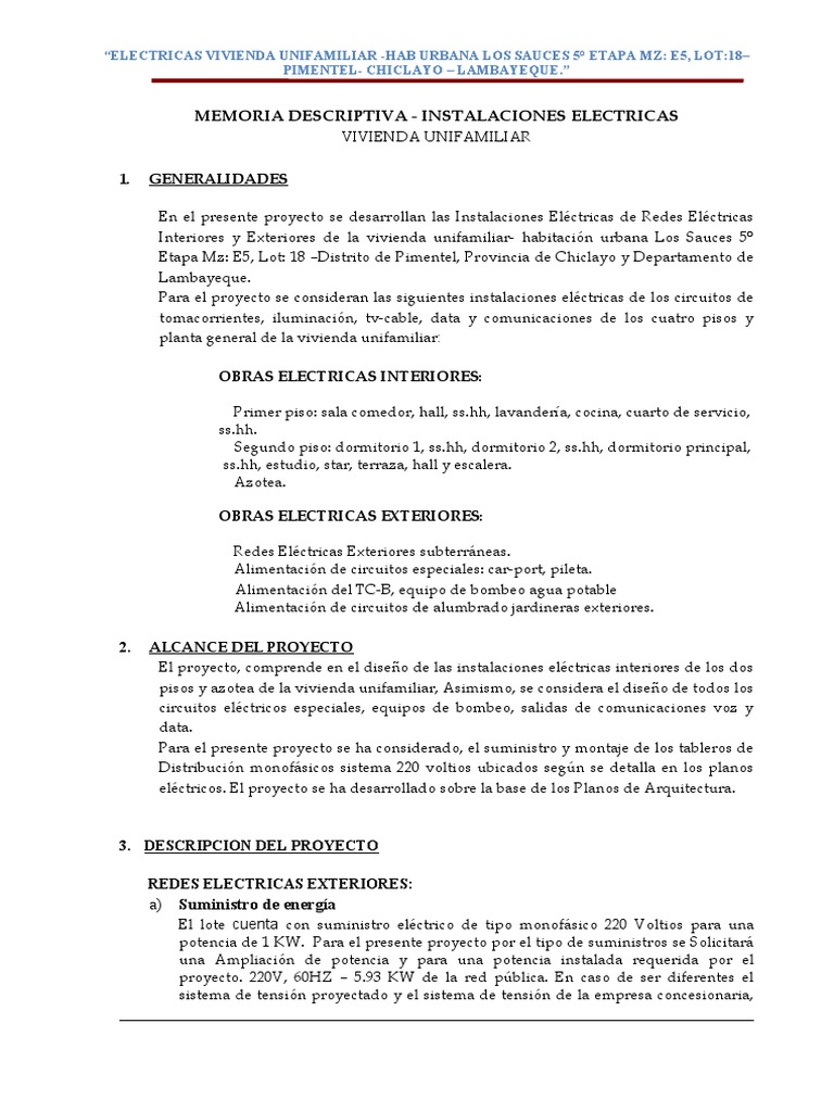 Memoria Descriptiva Electricas Buen Ejemplo | PDF | Corriente eléctrica | Resistencia Eléctrica ...