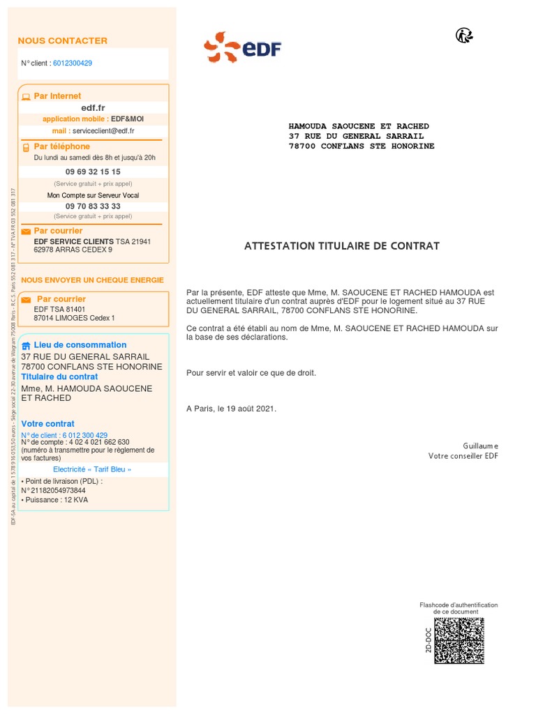 Attestation de Contrat EDF pour Saoucene et Rached Hamouda | PDF