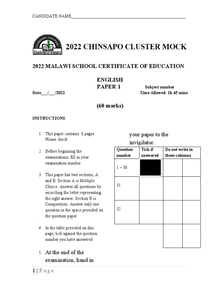 English Paper I Msce Edited | PDF | Adverb | Adjective