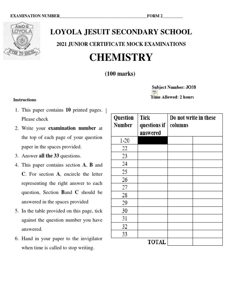 2021 JCE Mock Exam: Chemistry Paper | PDF | Magnesium | Atoms