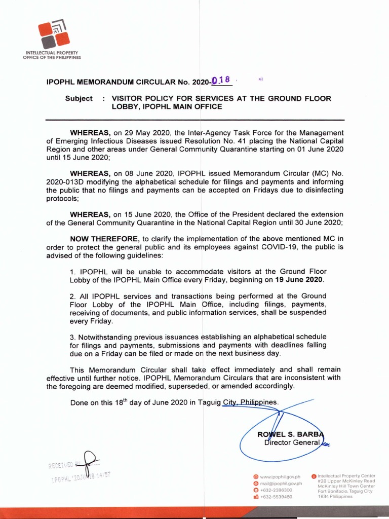 Memorandum Circular No. 2020-018 Visitor Policy For Services at The ...