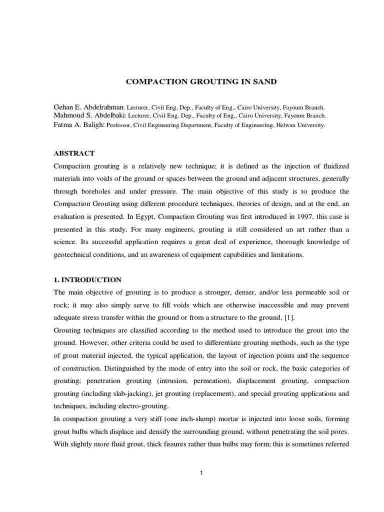 Analysis of Compaction Grouting in Sand: Mechanisms, Suitability, and Theoretical Model | PDF ...
