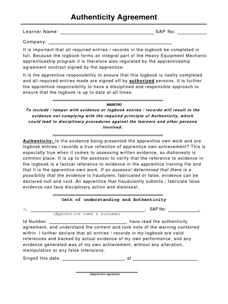 Logbook Authenticity Agreement - Apprentice | PDF | Apprenticeship