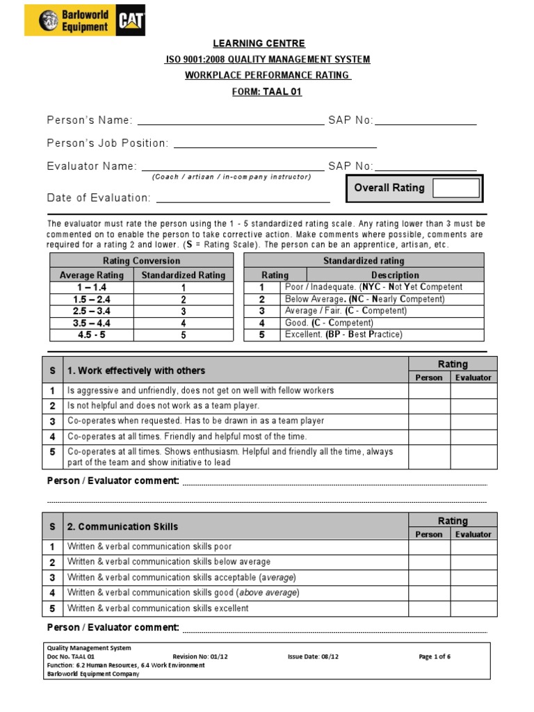 TAAL 01 Workplace Performance Rating Form | PDF | Quality Management ...