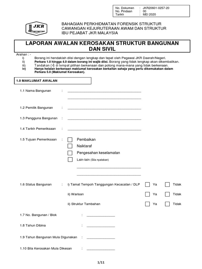 Borang Laporan Awalan Kerosakan Struktur Bangunan Dan Sivil 1 | PDF Borang Laporan Awalan Kerosakan Struktur Bangunan Dan Sivil 1 | PDF