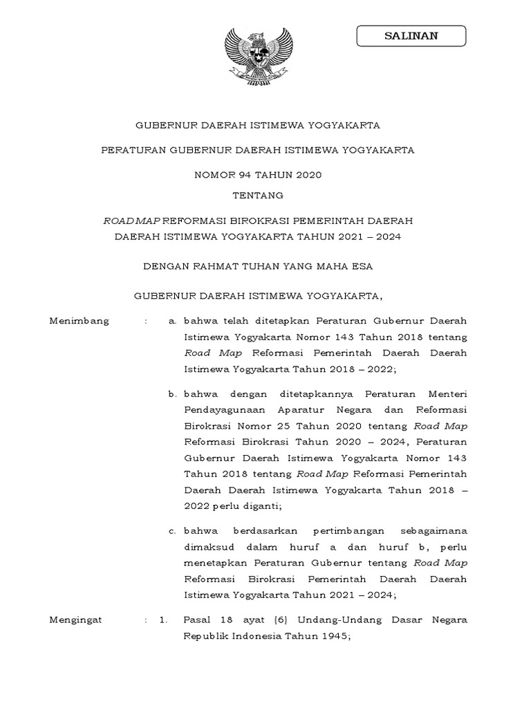 Pergub DIY No.94 Tahun 2020 TTG Road Map Reformasi Birokrasi Pemerintah ...