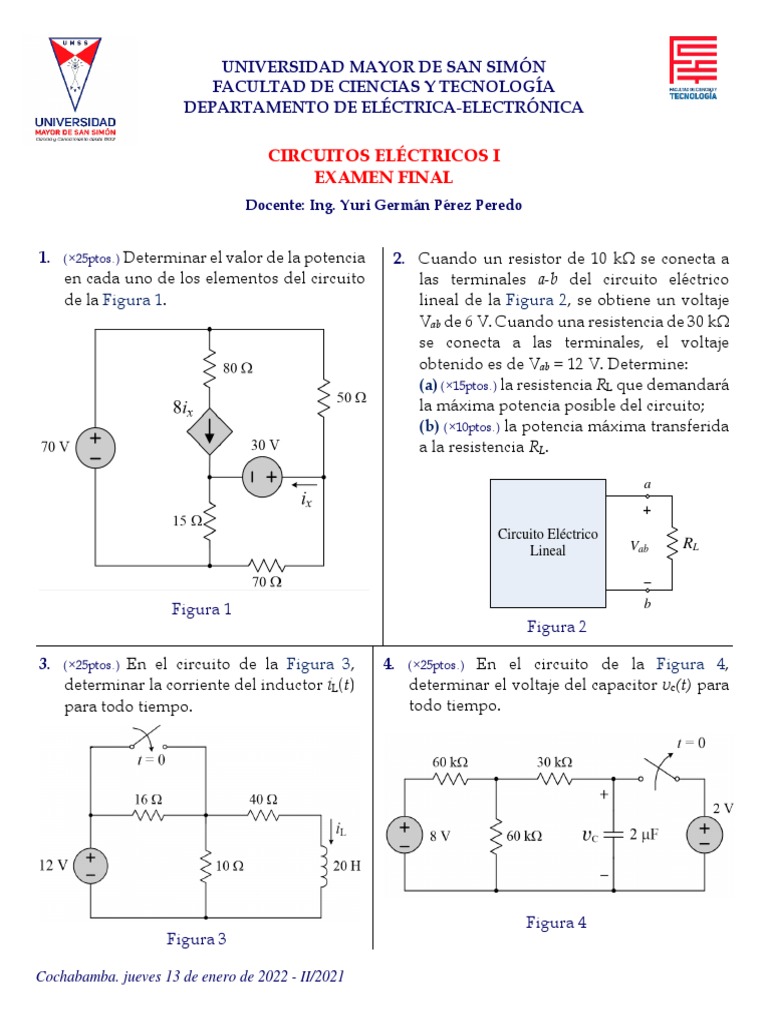 Examen Final de Circuitos Eléctricos I | PDF | Red eléctrica | Resistencia Eléctrica y Conductancia