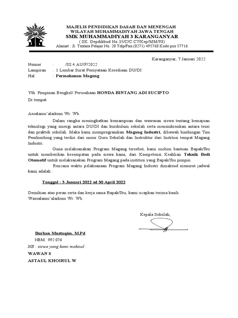 Surat Permohonan Magang 2022 | PDF
