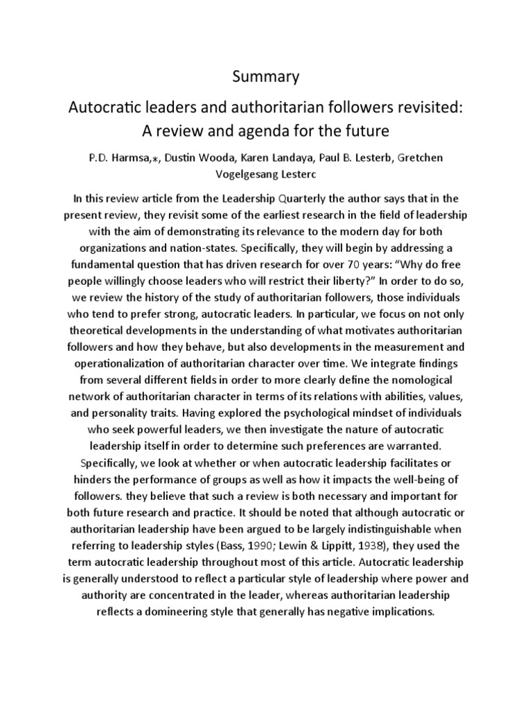 Leadership Assignment 2 | Pdf | Leadership | Authoritarianism