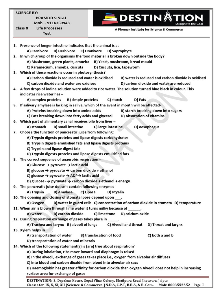 Class X Life Processes Test MCQ - 015349 | PDF | Digestion | Heart