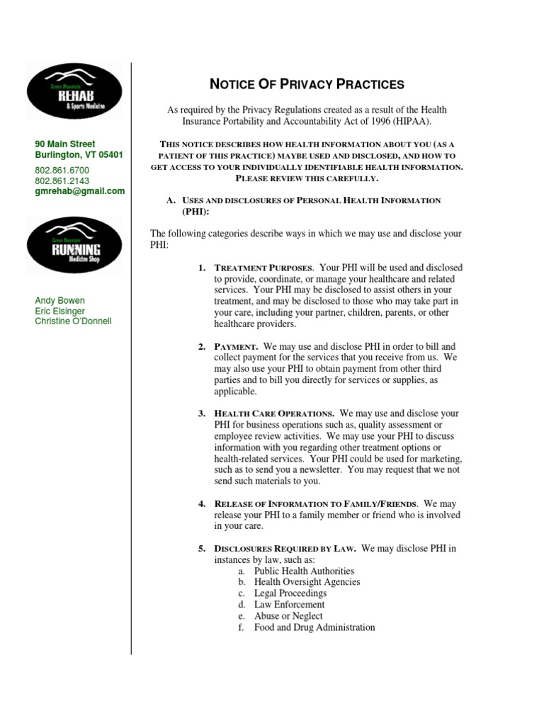 Notice of Privacy Practice | PDF | Health Insurance Portability And ...