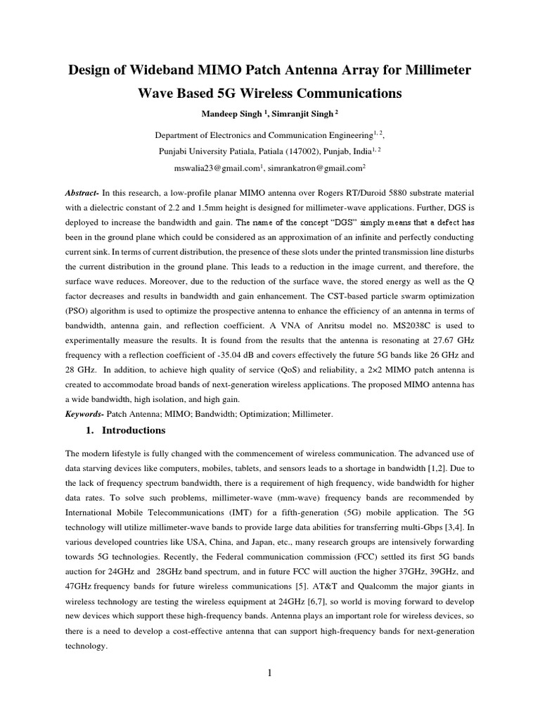 Wideband MIMO Patch Antenna Array Design for 5G mmWave | PDF | Antenna ...