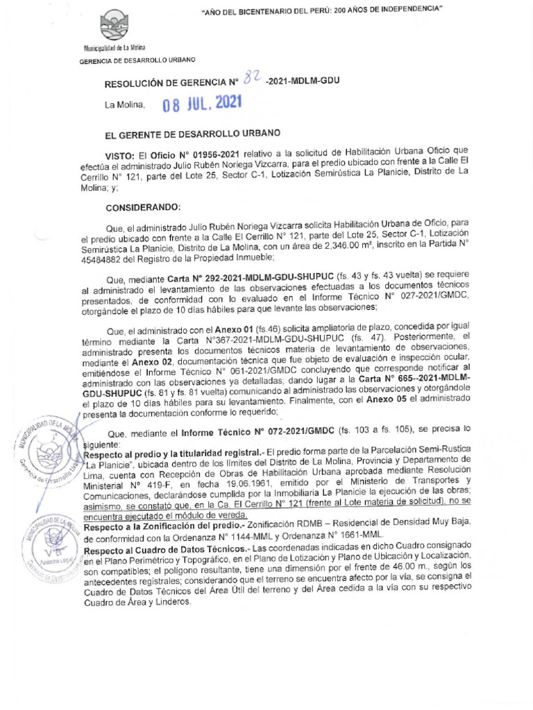 RESOLUCION DE GERENCIA Nro. 82-2021-MDLM-GDU | PDF