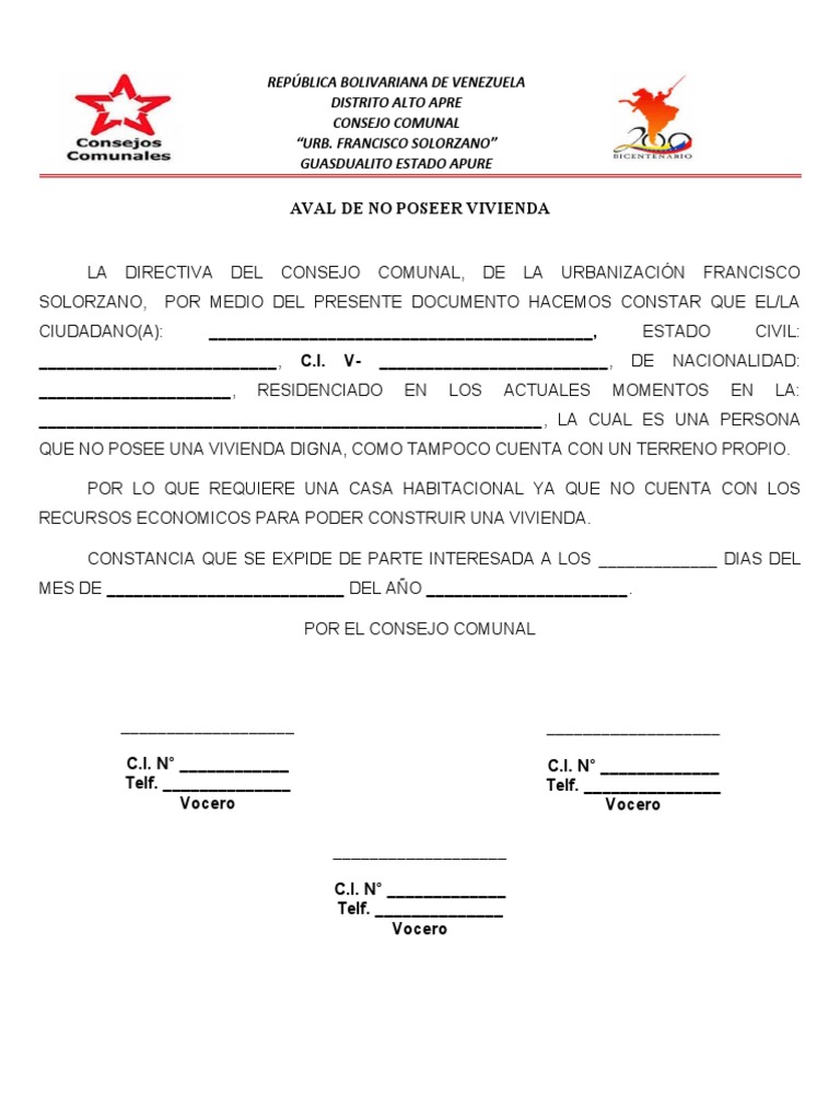 Constancia Aval Por No Poseer Vivienda (Consejo Comunal) | PDF | Hogar, jardinería y bricolaje