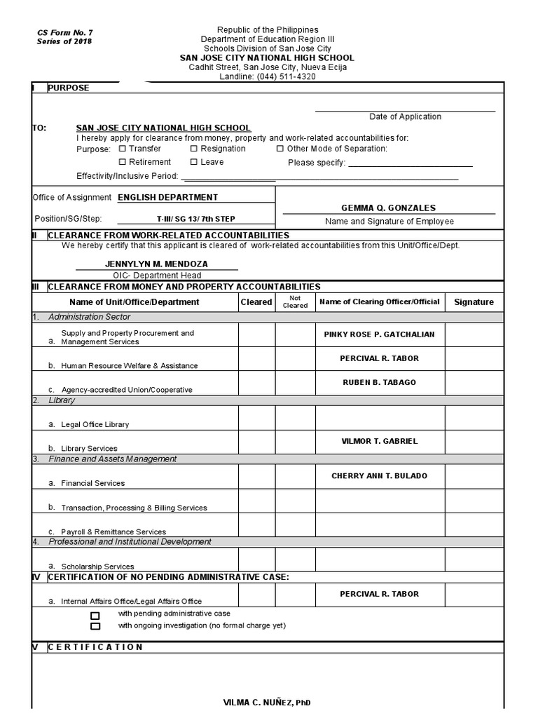 San Jose City National High School Clearance Application | PDF