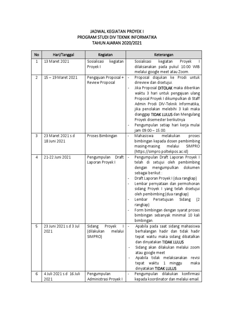 Jadwal Kegiatan Proyek I Ta.20202021 | PDF