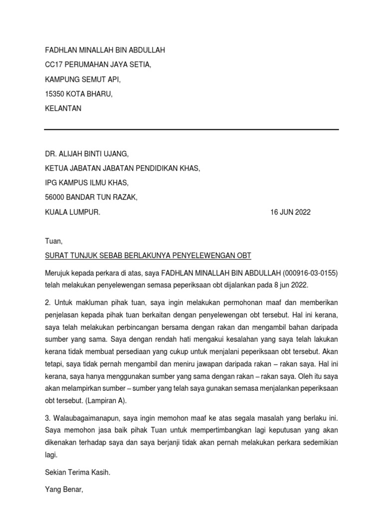 Surat Rasmi Sebab Penyelewengan Obt | PDF