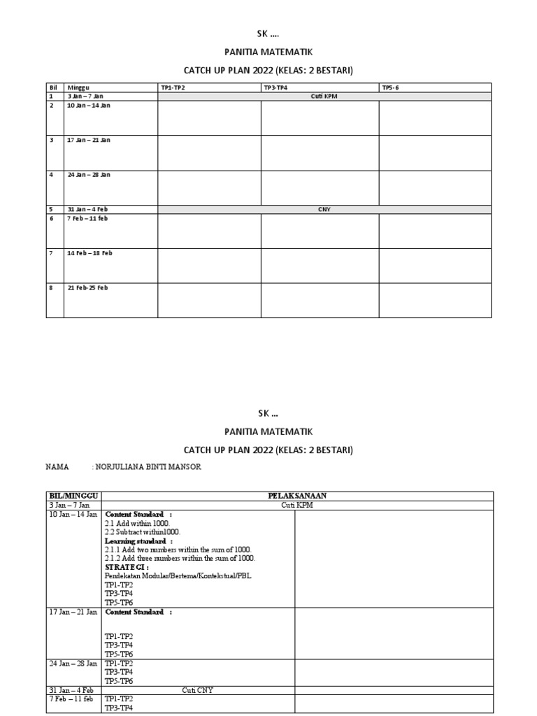 RPH Catch Up Plan Template MT | PDF