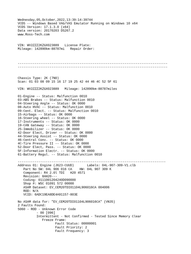 VCDS Log Analyzer - Multiple Faults Found | PDF | Vehicles | Wheeled Vehicles