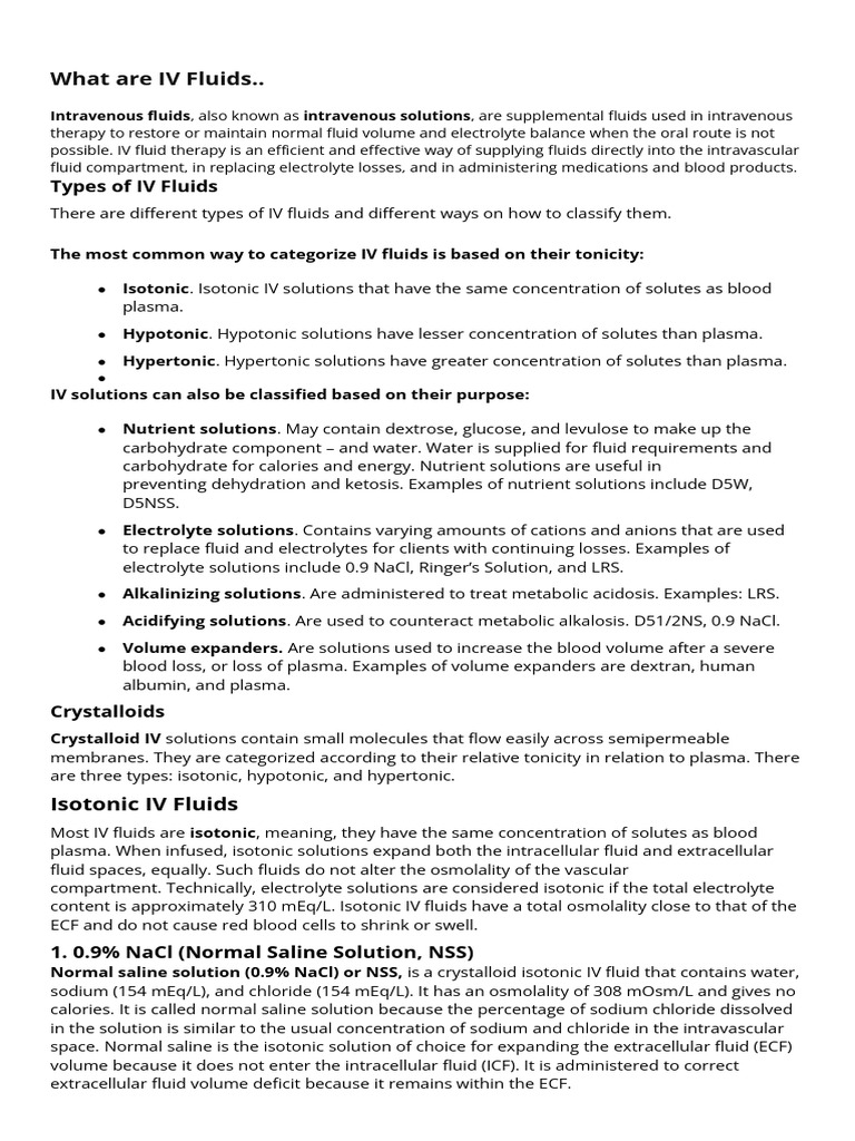 Different Types of IV Fluids | PDF | Saline (Medicine) | Intravenous ...