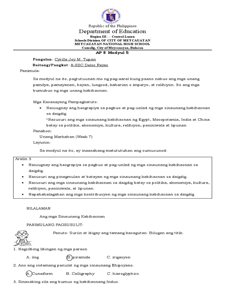 Ap8 q1 Module 5 Kabihasnang Egyptian at Indus | PDF