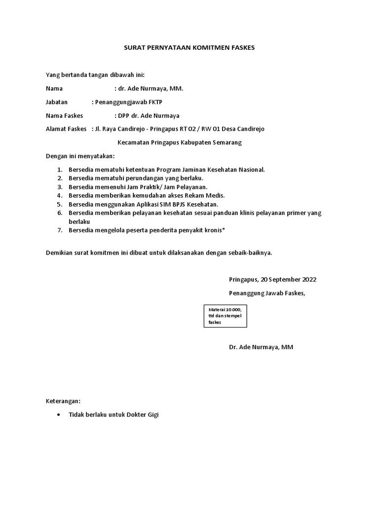 Surat Pernyataan Komitmen Faskes | PDF