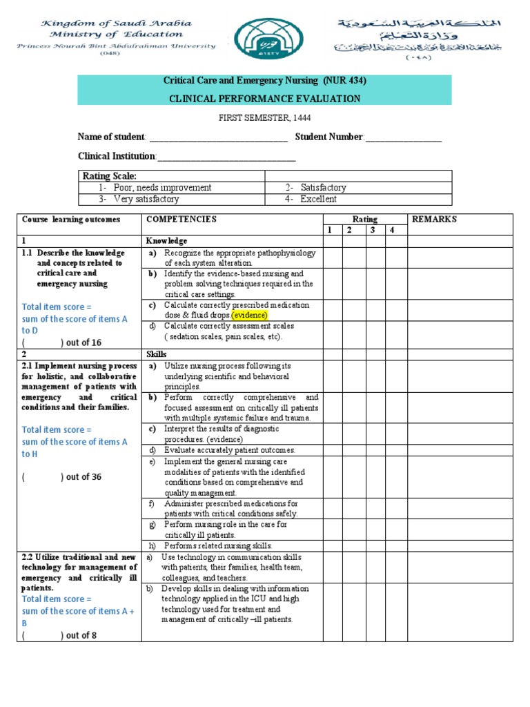 Critical Care Nursing Evaluation Form | PDF | Nursing | Intensive Care ...